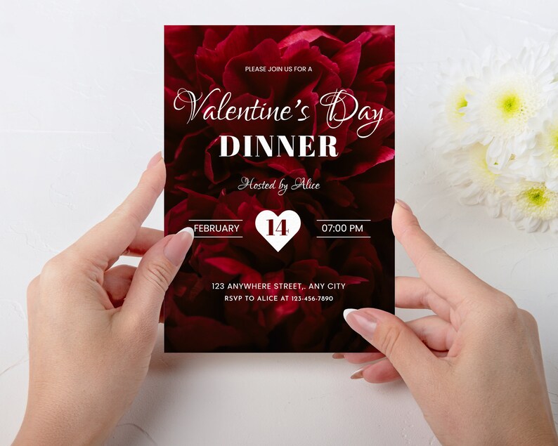 Editable Valentine's Dinner Invitation, Red Flowers Valentine's Day ...