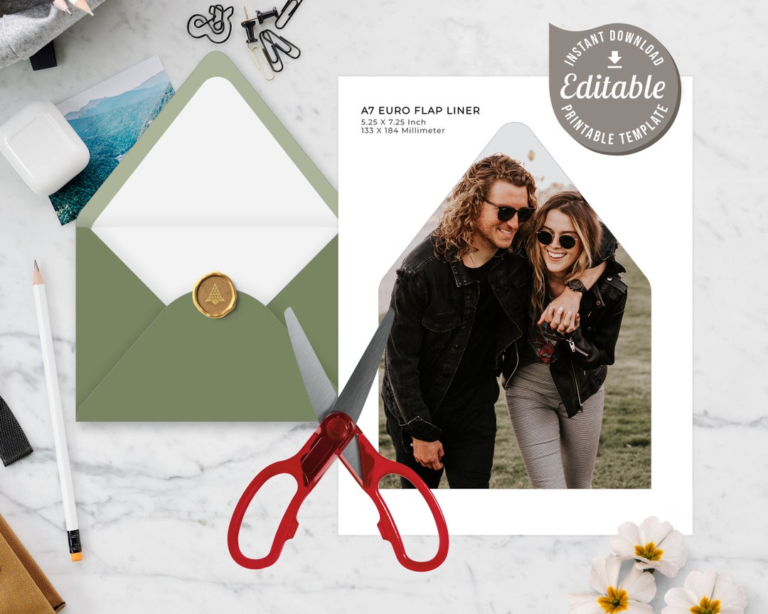 A7 Euro Flap Envelope Liner Template: Editable Photo Wedding (instant ...