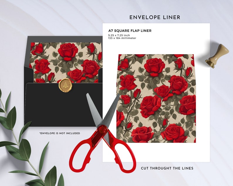 Plantilla de forro de sobre editable A7 de rosa roja, 5x7, forro de ...