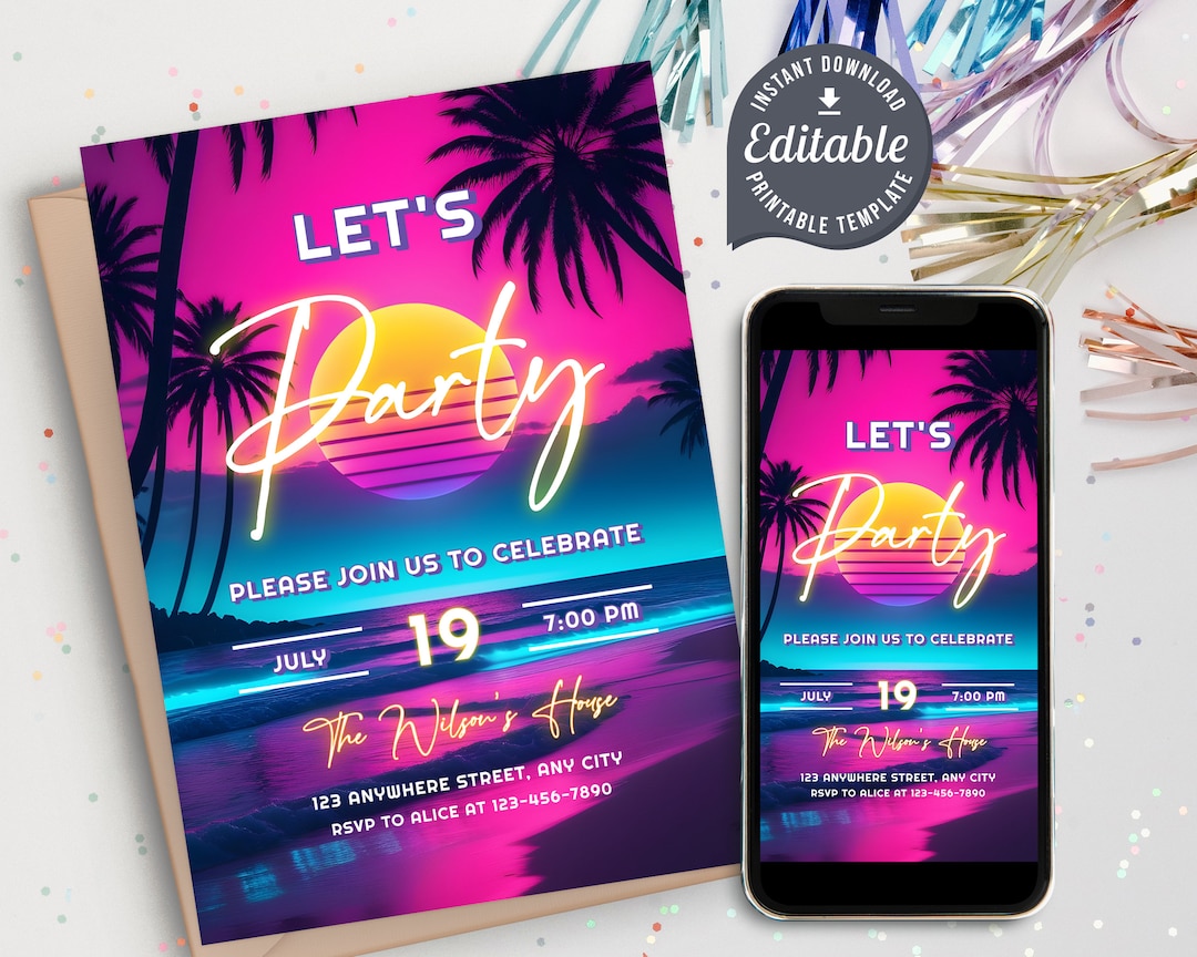Editable Neon Beach Party Invitation: Tropical Palm (digital Template ...