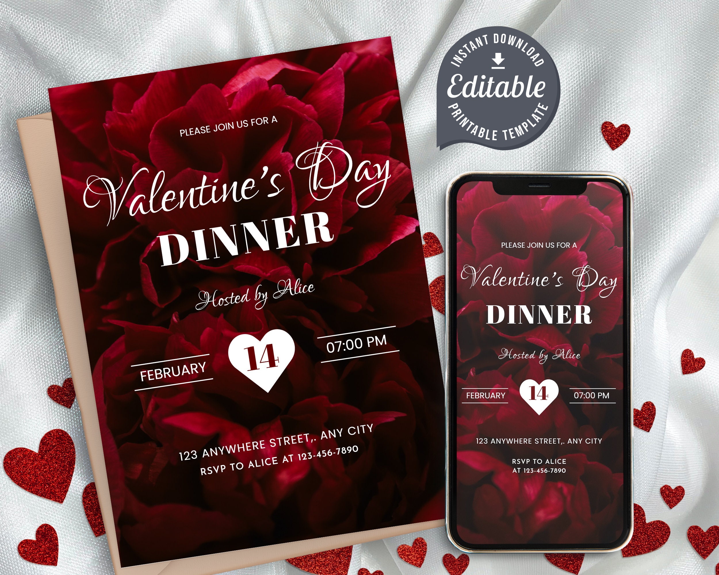 Editable Valentine's Dinner Invitation, Red Flowers Valentine's Day ...