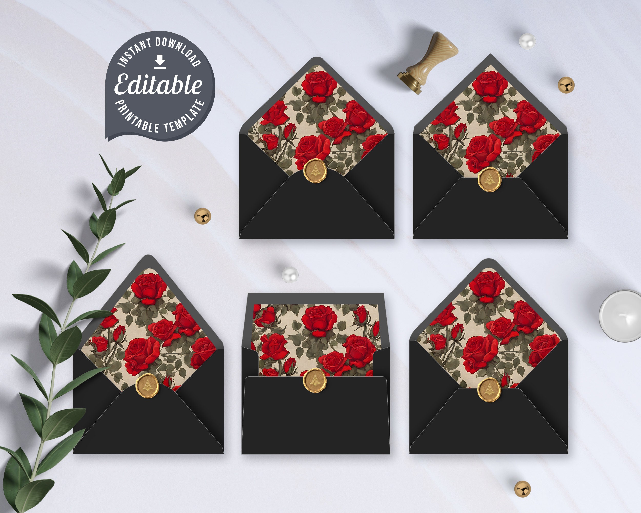 Red Rose A7 Editable Envelope Liner Template, 5x7, Wedding Envelope ...