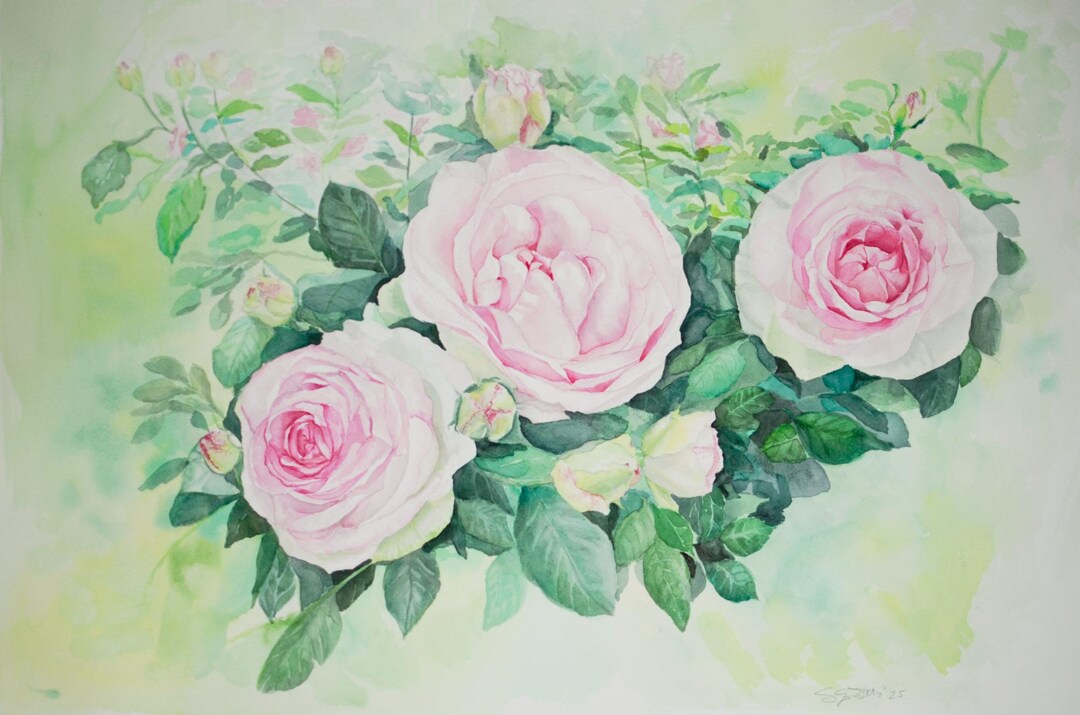ORIGINAL WATERCOLOR: Large Poster With Rose Flowers, Original ...