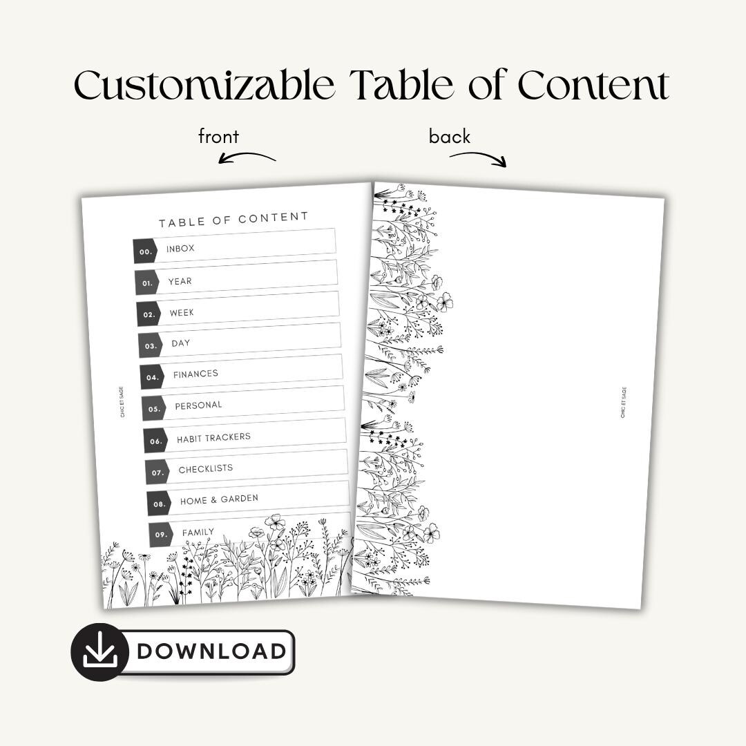 Customizable A5 Table of Contents – Printable PDF With Front & Back ...