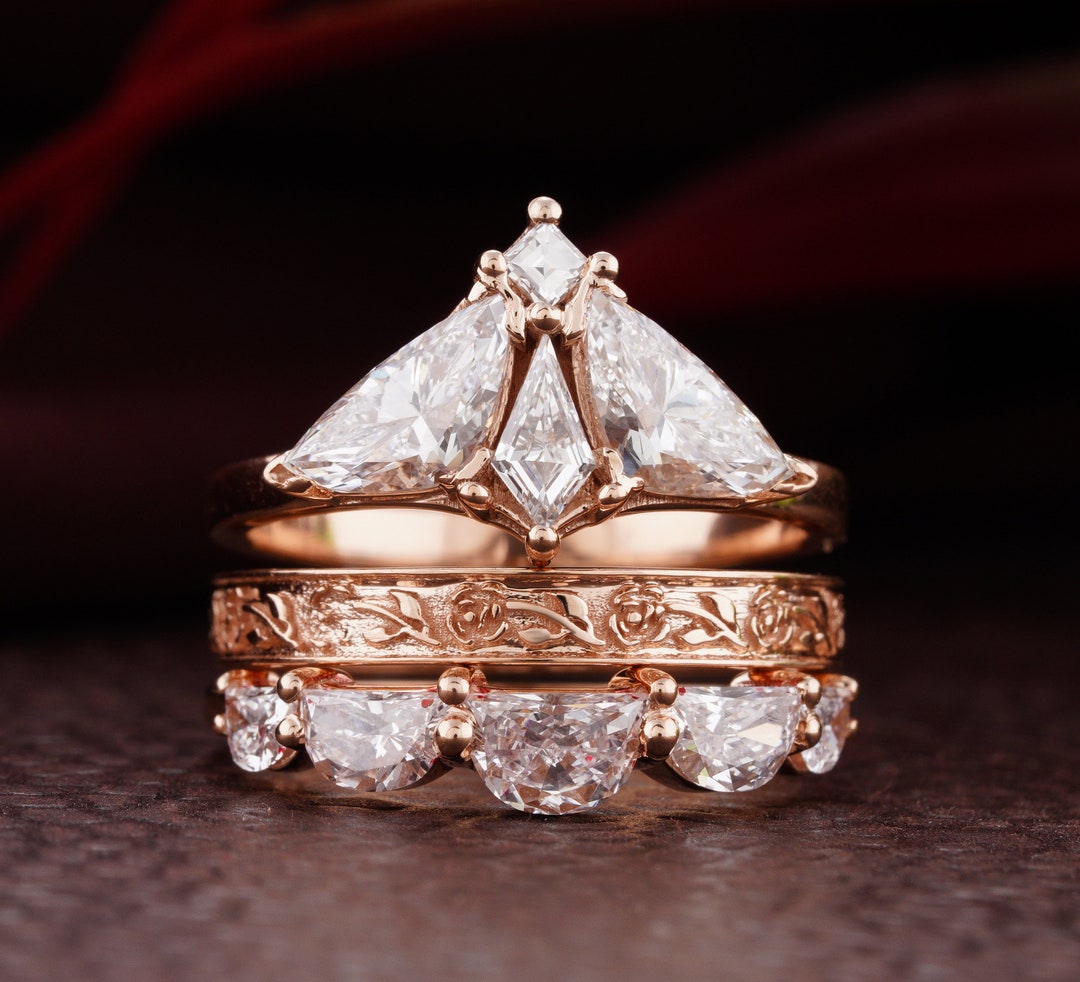 Half Moon Moth Diamond Three Ring Set: 18kt Rose Gold, Trillion & Kite ...