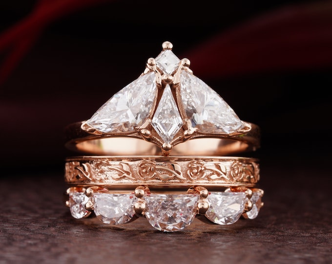 Half Moon Moth Diamond Three Ring Set: 18kt Rose Gold, Trillion & Kite ...