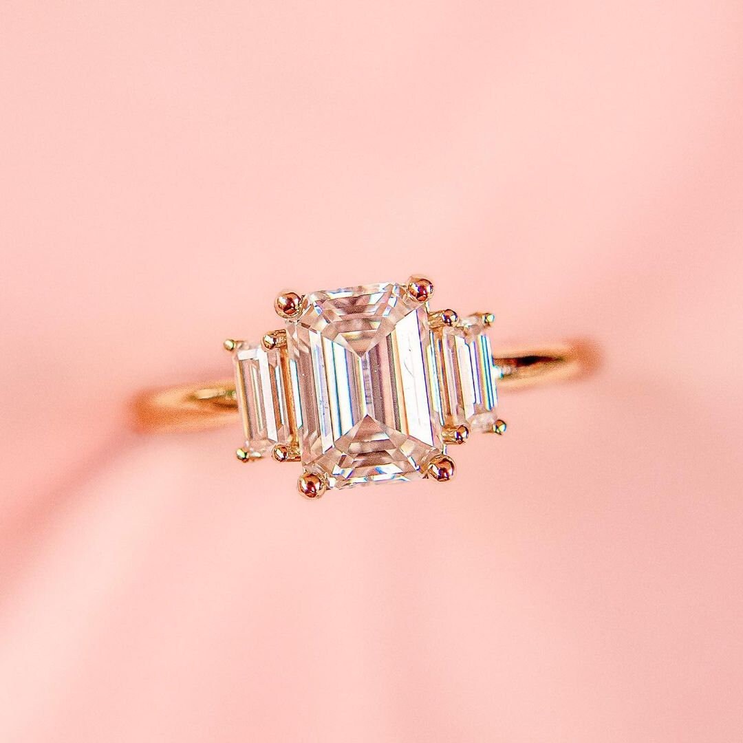 3CT Emerald Cut Diamond Three Stone Engagement Ring, Lab Grown ...