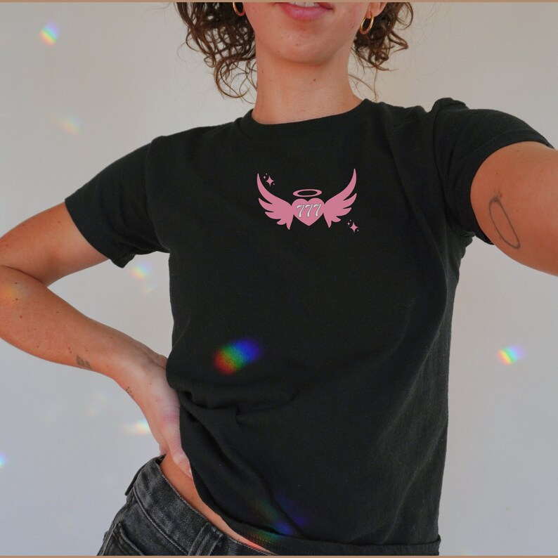 777 Lucky Angel Numbers Mcbling Trashy Y2K Graphic Baby Tee Shirt Wings ...