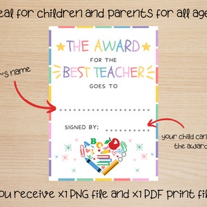Instant Download Printable Best Teacher Award Certificate Teacher ...