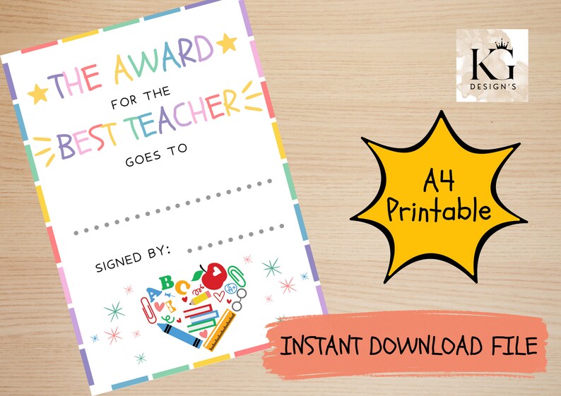 Instant Download Printable Best Teacher Award Certificate Teacher ...