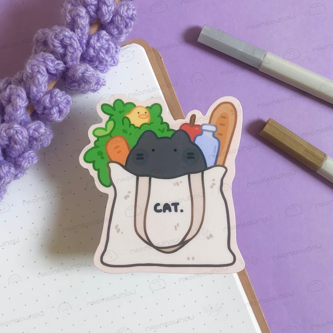 Black Cat in Tote Bag Sticker | Groceries in Tote Bag Cat Sticker ...