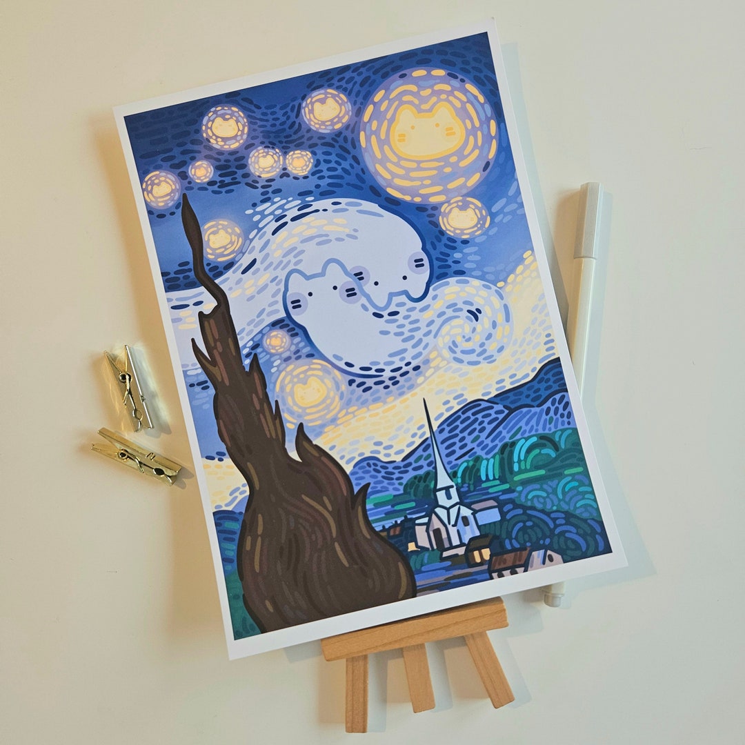 Starry Kitty Night Print A5 | Van Gogh Starry Night Inspired Art Print ...