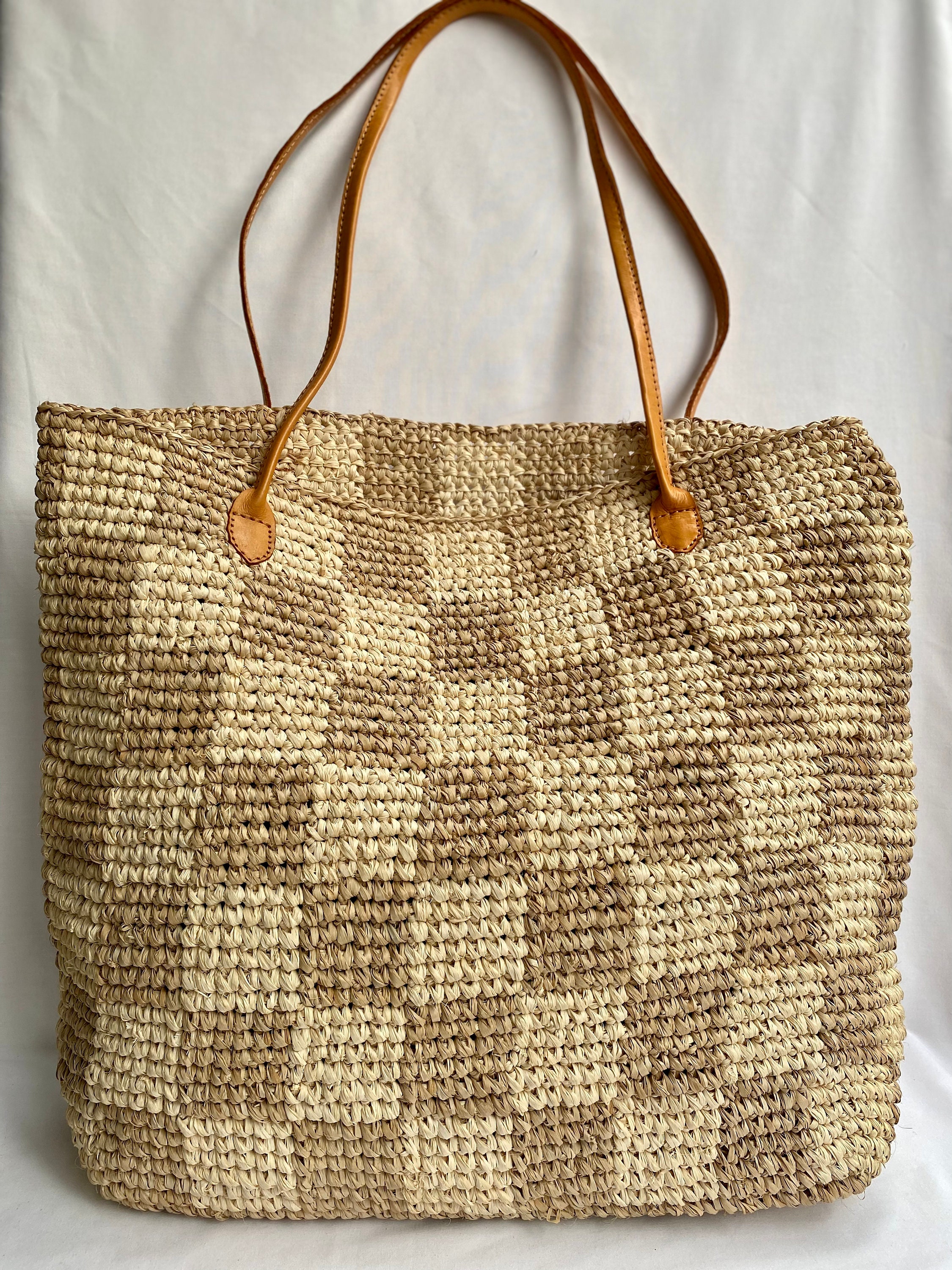 Large Premium Raffia Handmade Tote, Beach Bag, Check Pattern Bag ...