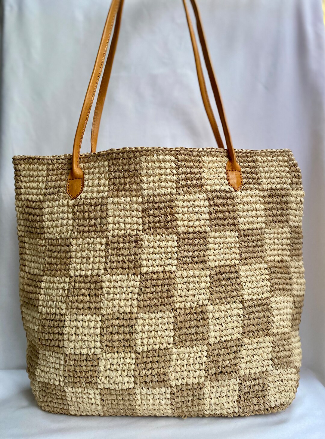 Large Premium Raffia Handmade Tote, Beach Bag, Check Pattern Bag ...