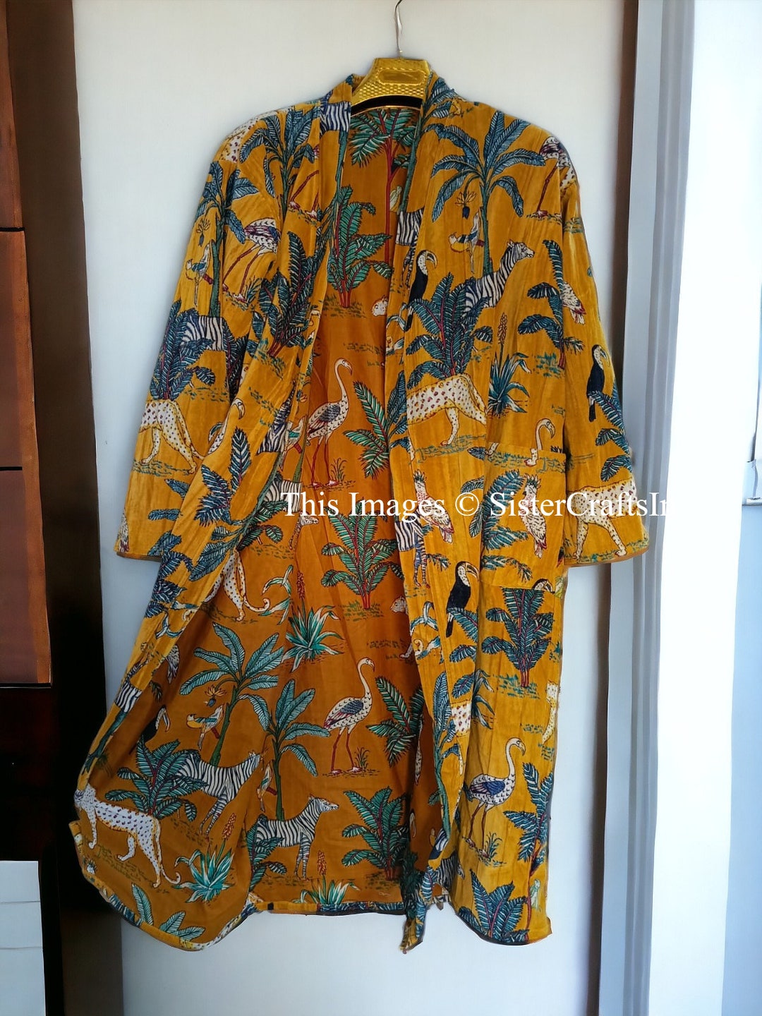 Musted Jungle Print Velvet Kimono Robes, Morning Tea Velvet Coat ...