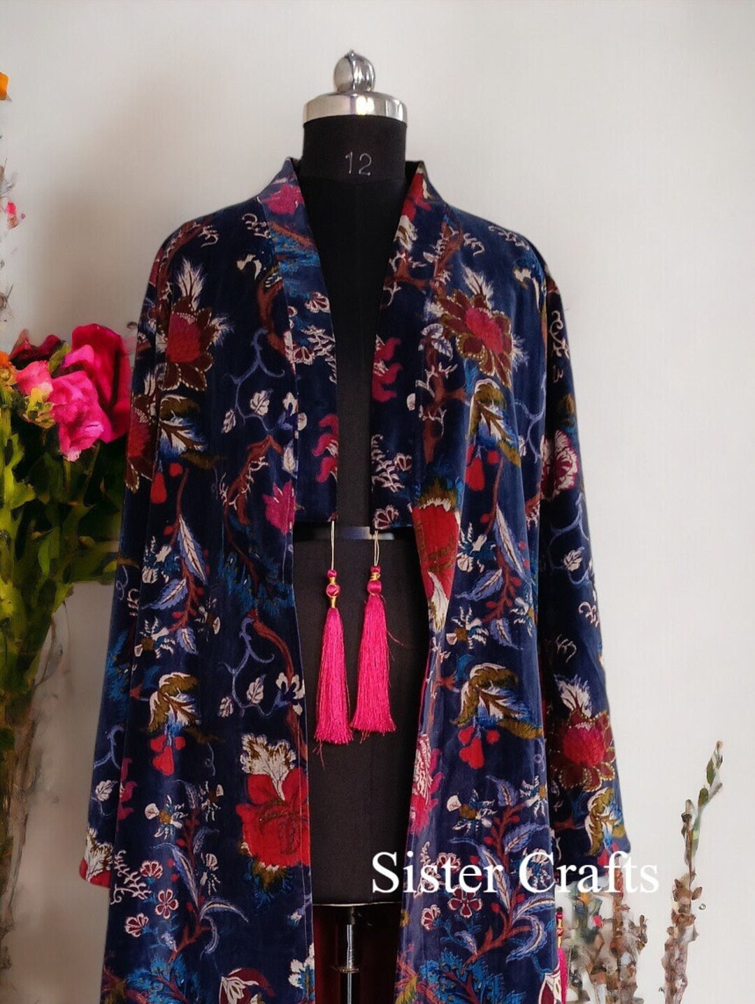 OFMD Blue Floral Velvet Banyan Fabric Kimono Cotton Velvet Robe Long ...