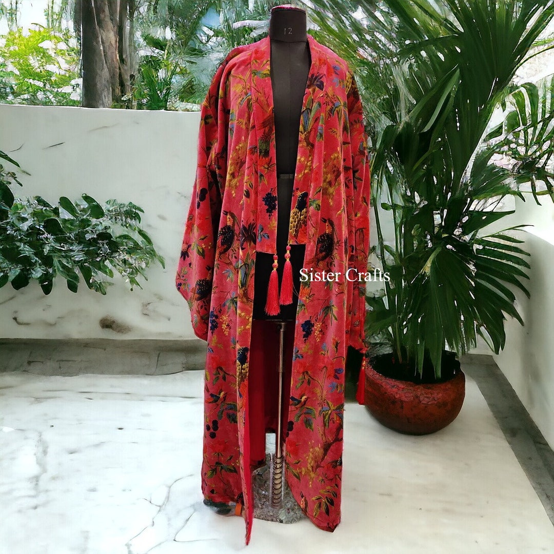 OFMD Pink Bird Velvet Banyan Fabric Kimono Cotton Velvet Robe Long ...