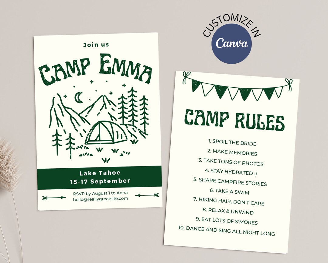 Camp Bachelorette Camp Rules Template, Weekend in the Woods, Cabin ...