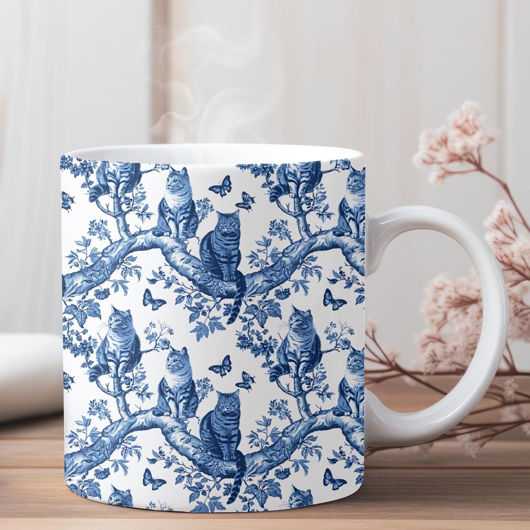 Blue Chinoiserie Cat Mug: Floral Cottagecore Coffee Cup - Etsy