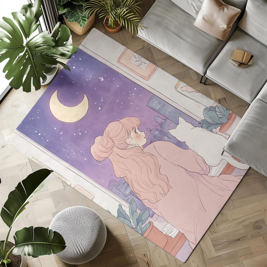 Pastel Purple Lofi Girl Rug, Magical Girl Rug, Magical Girl Theme, Moon ...