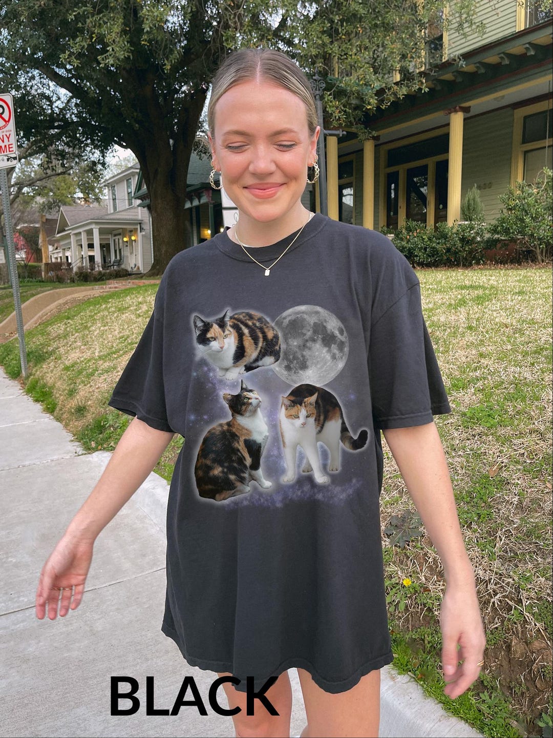 Three Calico Cats Moon Shirt & Sweater, Oversized Meme Tee, Black White ...