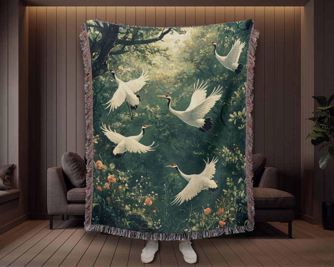 Woven Blanket Cranes, Japanese Cranes Blanket, Bird Wall Tapestry ...