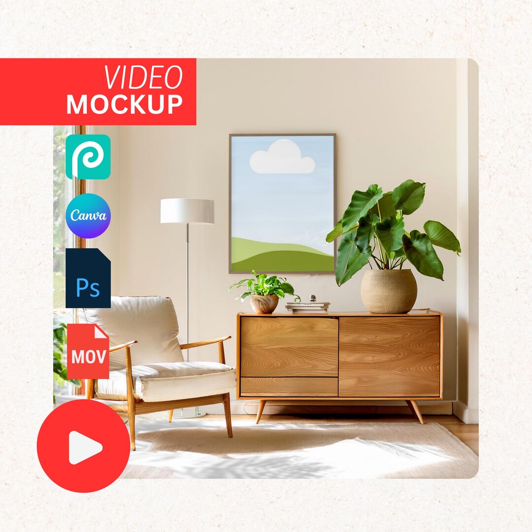 Vertical Minimalistic Video Mockup, Wall Art Template, Natural Wood ...