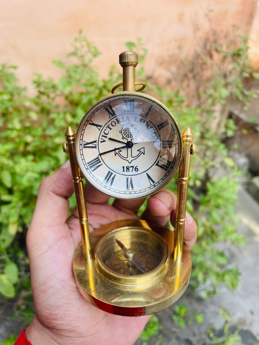 Nautical Desk Clock With Compass Mini Pocket Finish: Time and Direction ...