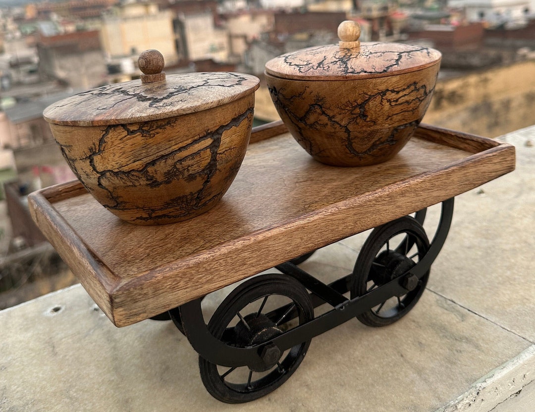 Wooden 'thela' Cart Tray Snack Platter With Movable Wheels Tableware ...