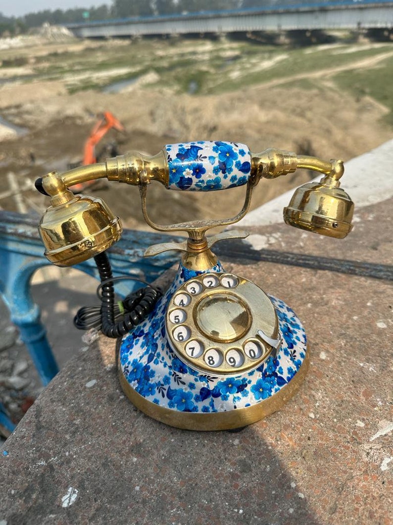 Antique Brass Telephone With Shiny Blue Rotary Dial - Fully Functional ...