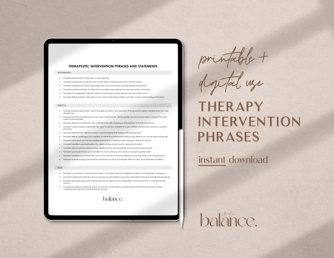 Therapeutic Intervention Phrases and Statements Template for Counseling ...