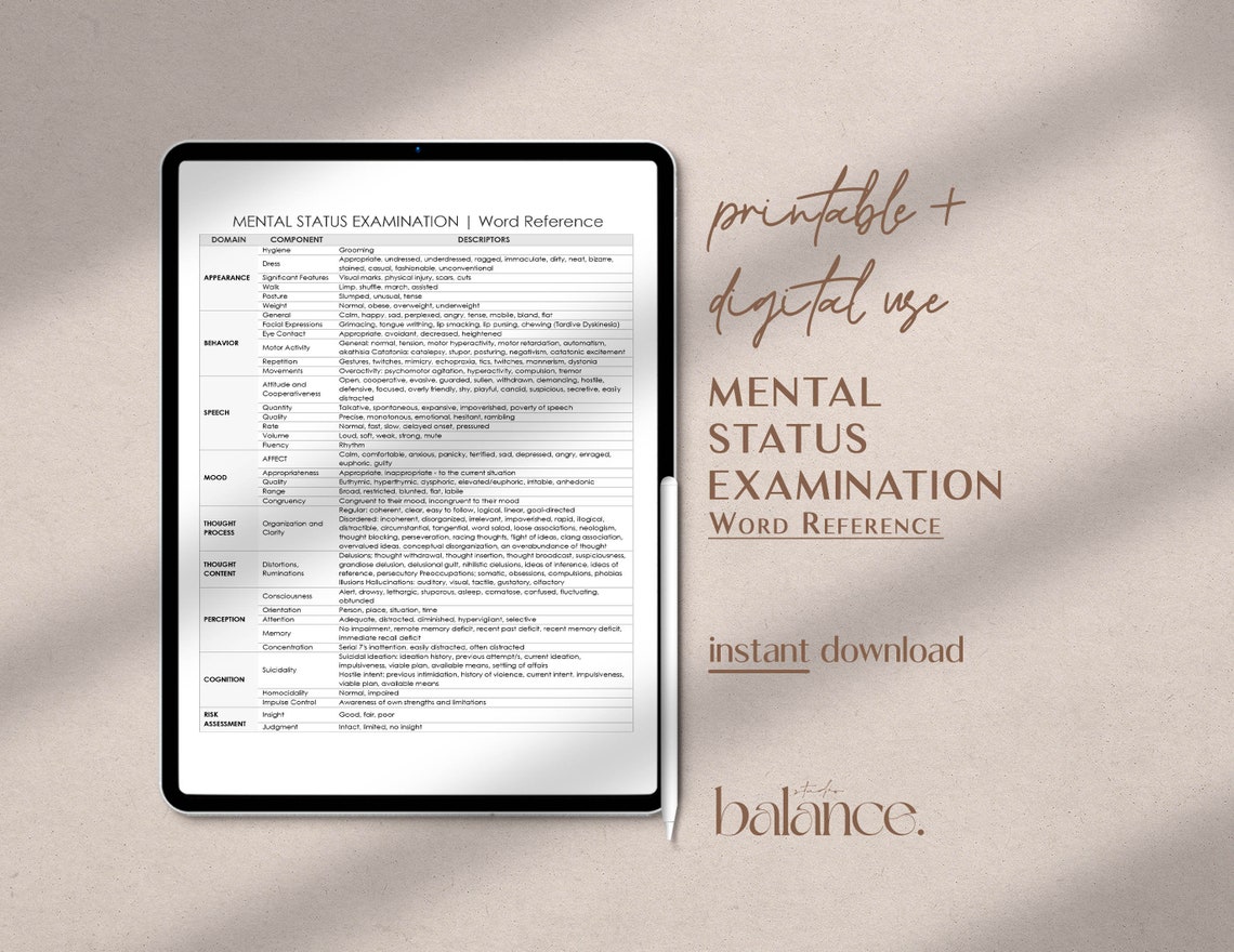 Mental Status Exam Word Reference Sheet - Mental Health Reference - MSE ...
