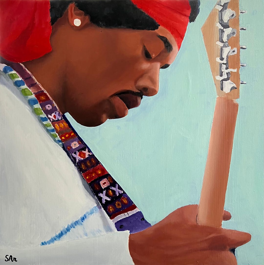 Portrait of Jimi Hendrix, on Wood Board 40x40 Cm. Original Oil Painting ...
