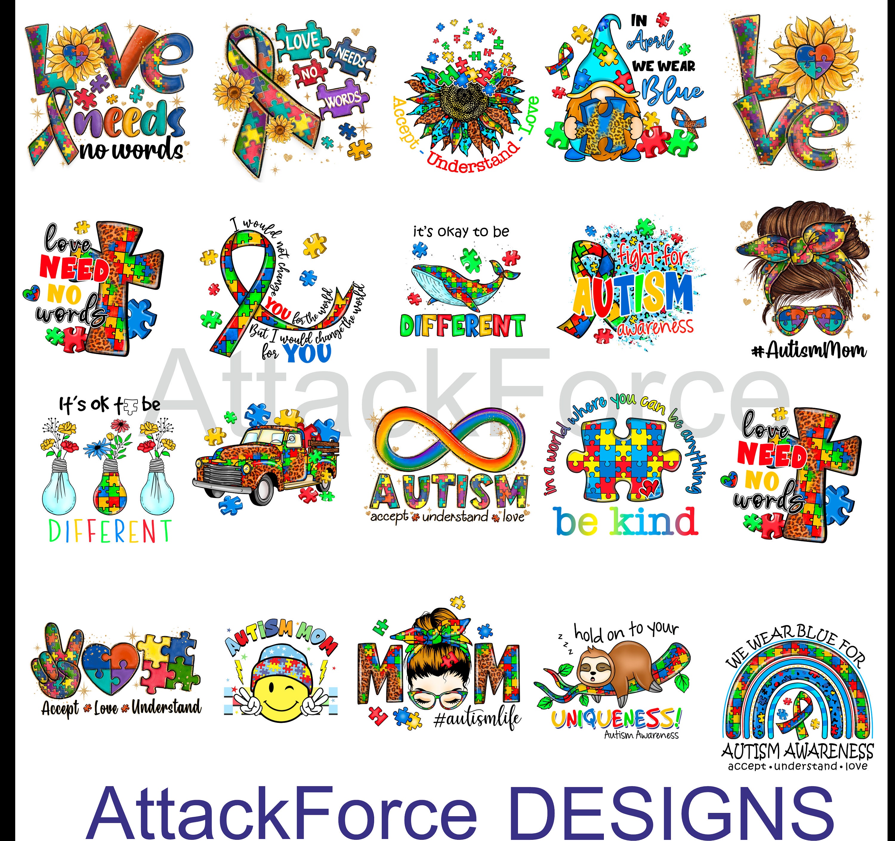 500 Autism Designs T-shirt Designs DTG DTF Sublimation Cups Cards ...