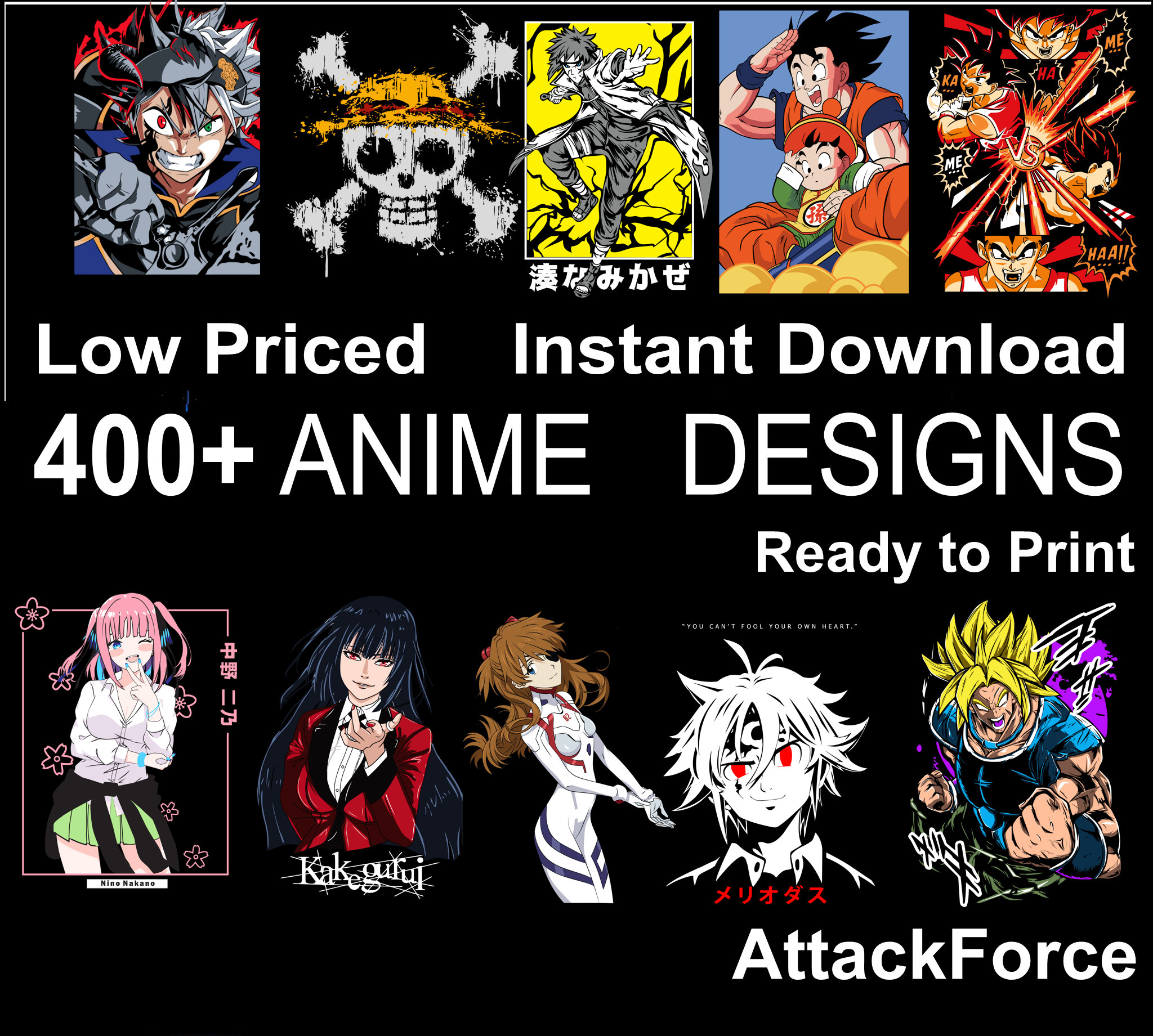 400 Anime Designs Bundle PNG T-shirts DTG Sublimation DTF Anime T-shirt ...