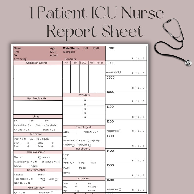 Nurse Report Sheet One Patient, ICU One Patient Report Sheet Print ...
