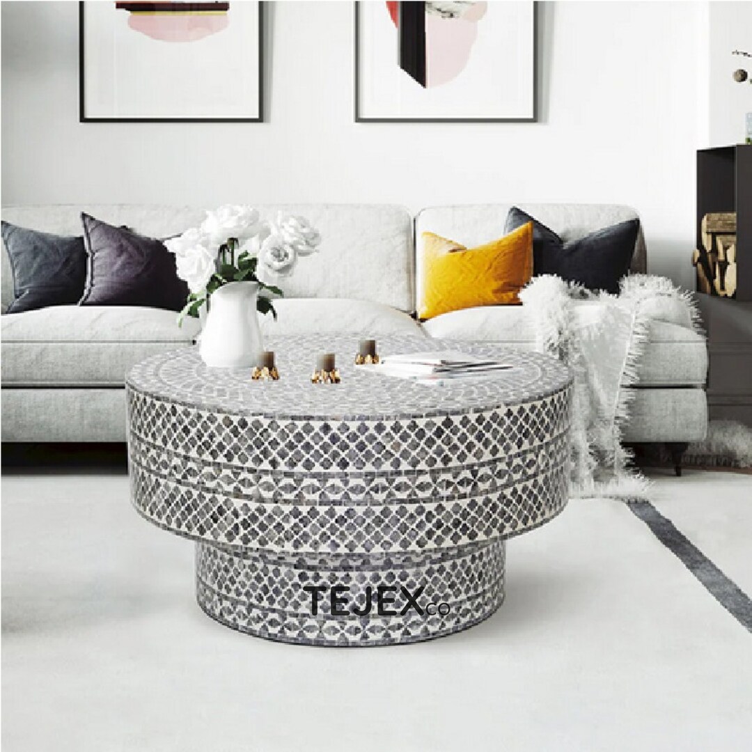 Round Coffee Table Mother of Pearl INLAY TABLE Floral Design - Etsy