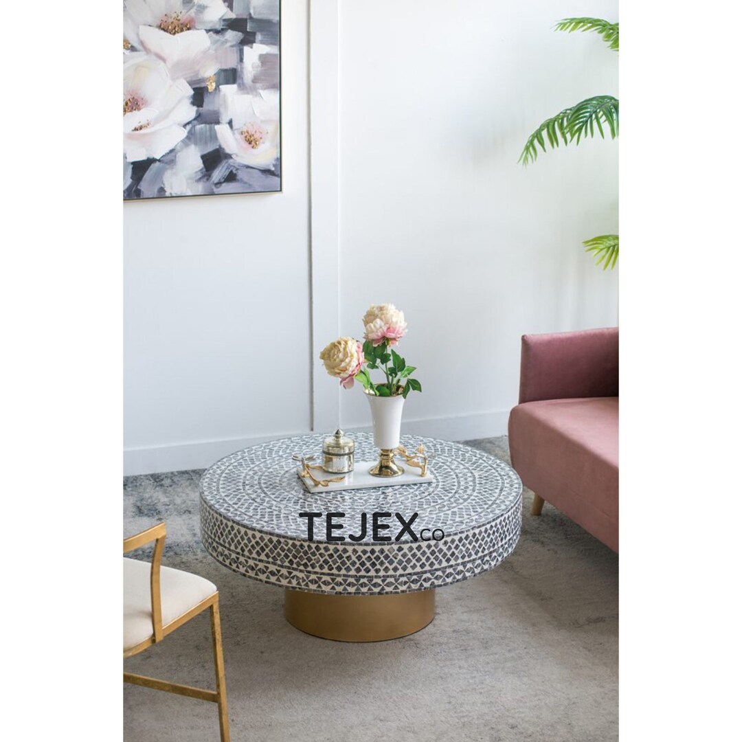 Round Coffee Table Mother of Pearl INLAY TABLE Floral Design - Etsy