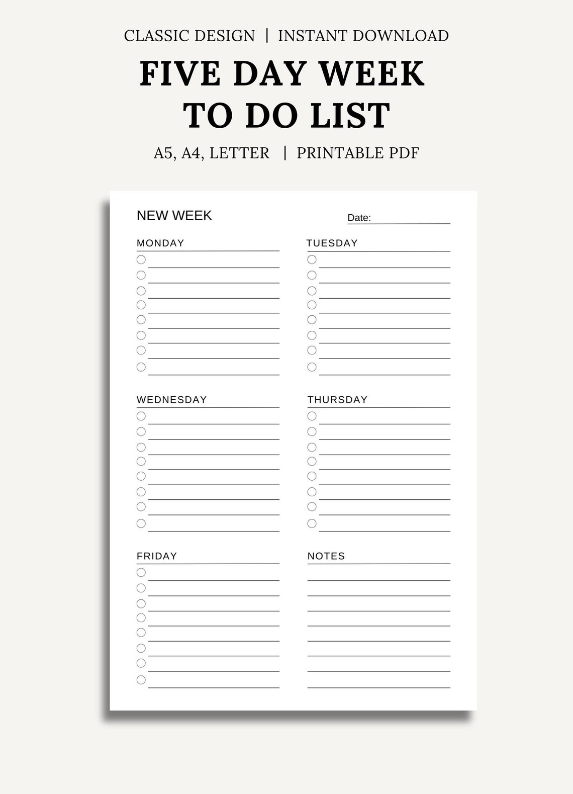 Five Day Week to Do List, Printable Notes Template, Classic Planner ...