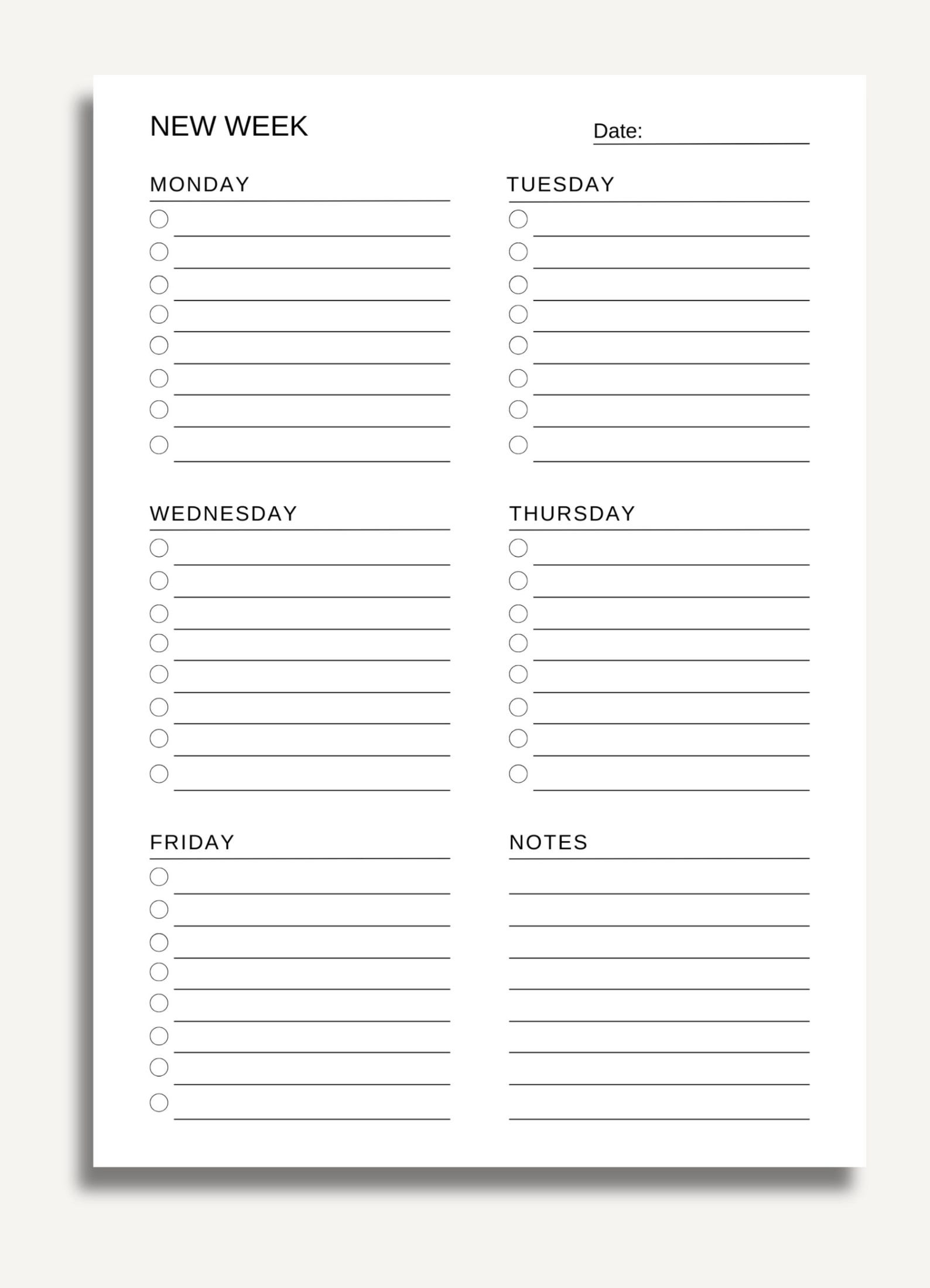 Five Day Week to Do List, Printable Notes Template, Classic Planner ...