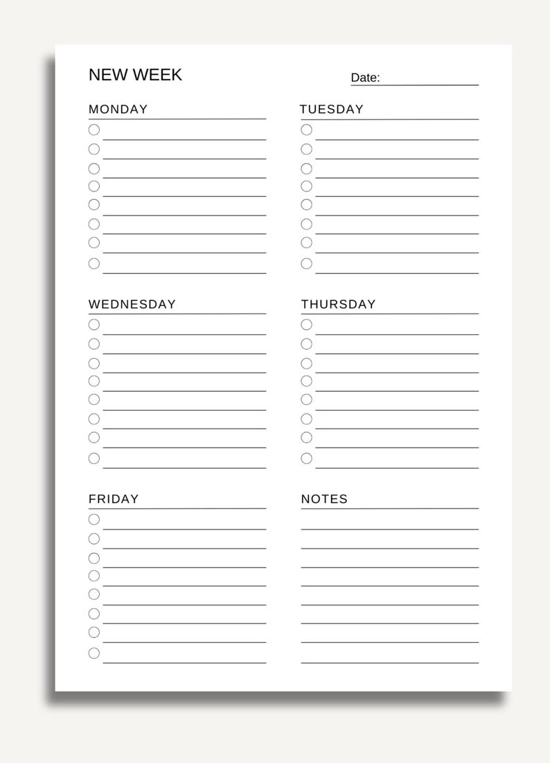 Five Day Week to Do List, Printable Notes Template, Classic Planner ...