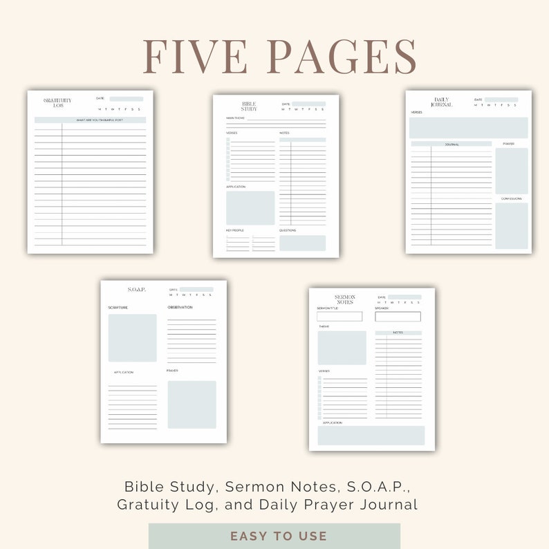 5 Page Bible Study Bundle Guide, Printable PDF, Sermon Notes, Christian ...
