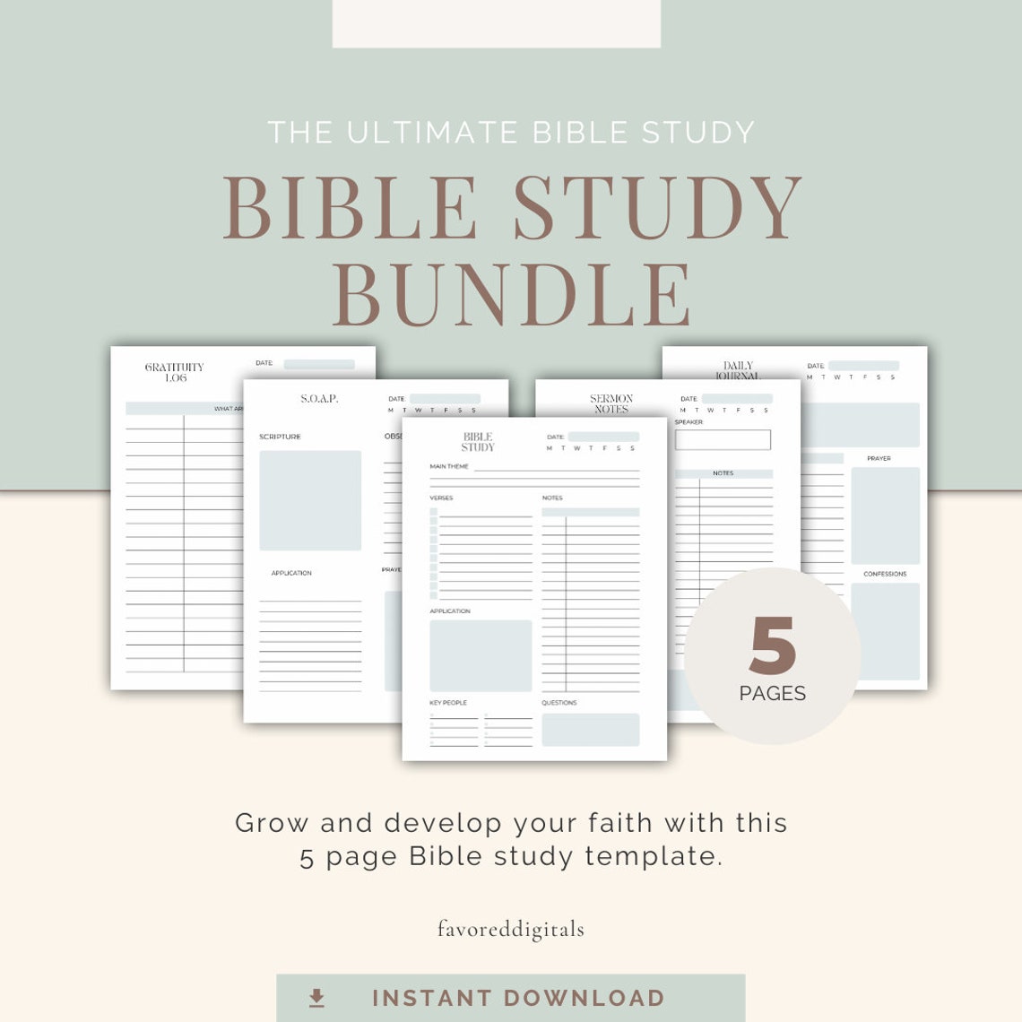 5 Page Bible Study Bundle Guide, Printable PDF, Sermon Notes, Christian ...