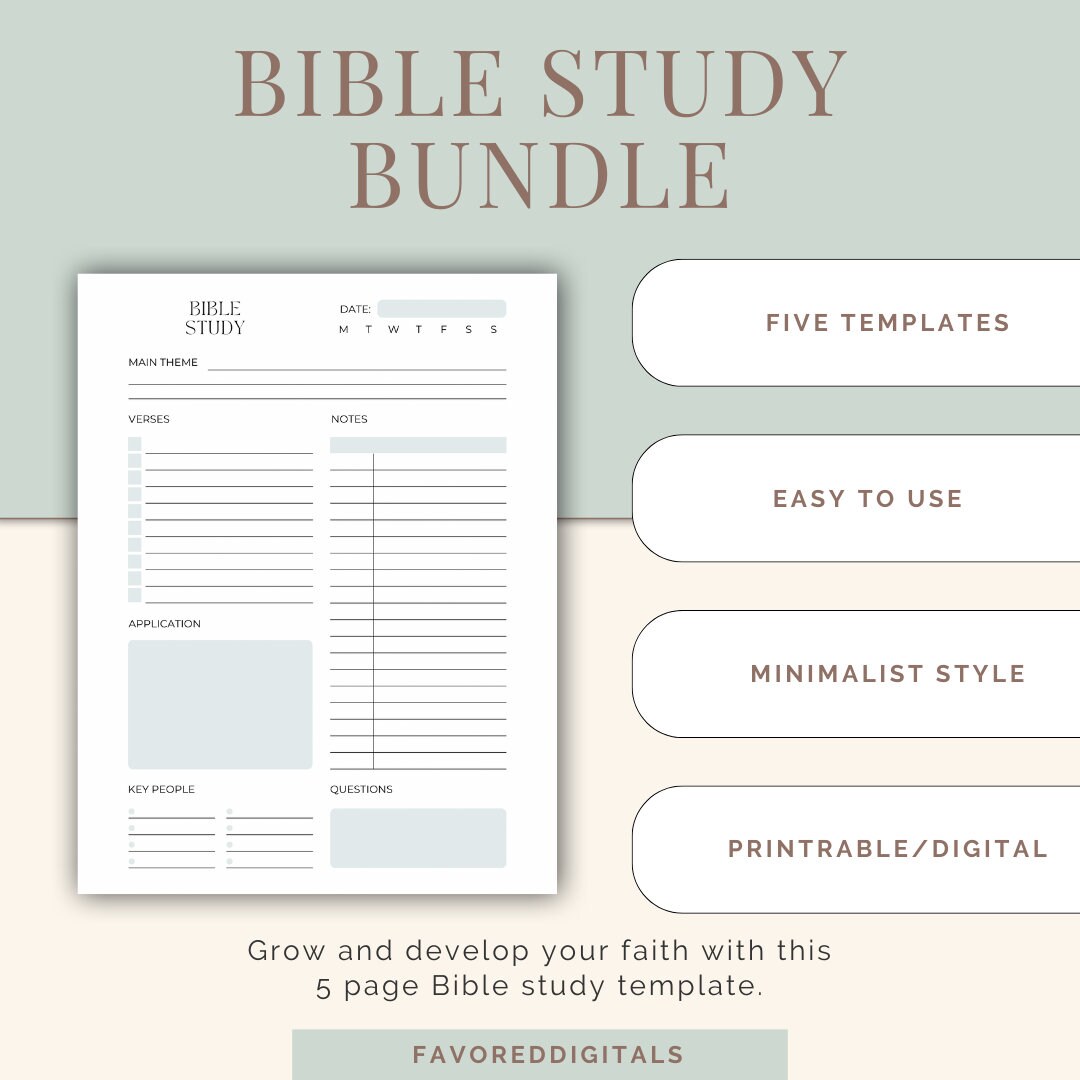 5 Page Bible Study Bundle Guide, Printable PDF, Sermon Notes, Christian ...