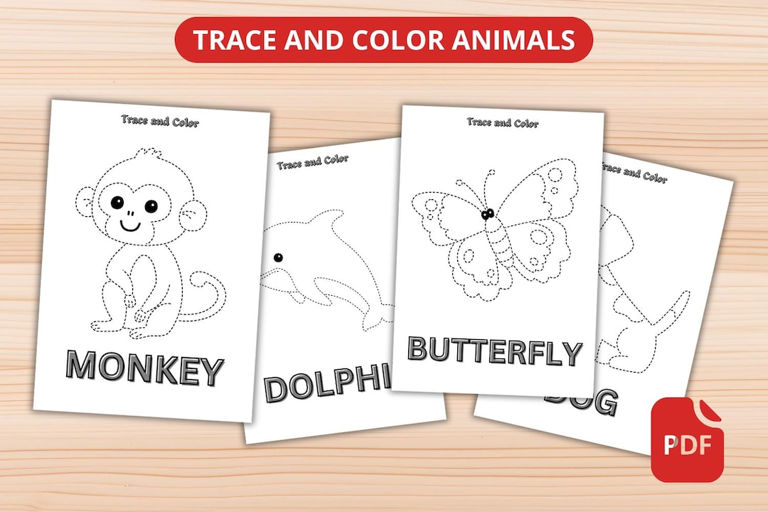 Trace and Color Animals Worksheet, Kids Printable Worksheets, Activity ...