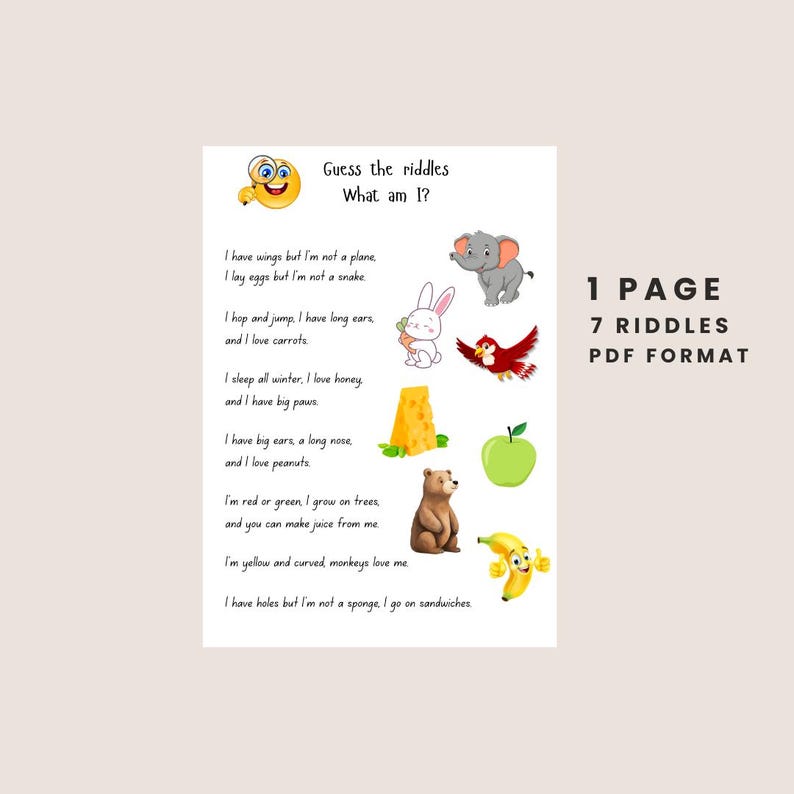 Fun Riddles for Children, What Am I Riddle, Guess the Riddle, Printable ...