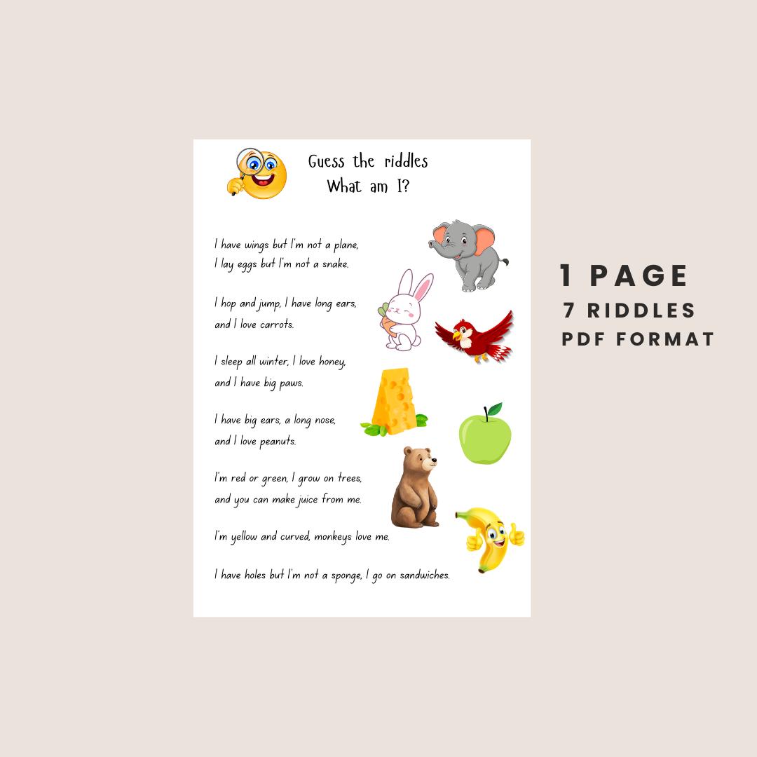 Fun Riddles for Children, What Am I Riddle, Guess the Riddle, Printable ...