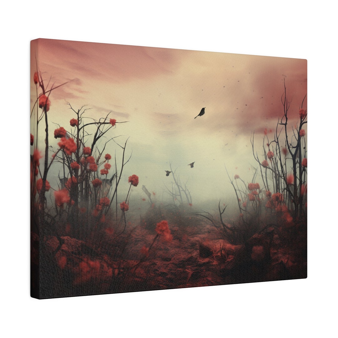 Ethereal Decay: Red Flowers and Birds in Eerie Dreamscapes Concept Art ...