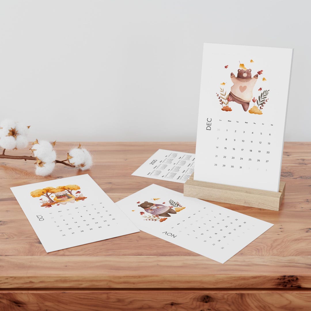 Handmade Whimsical 2025 Vertical Desk Calendar - Cute Bear & Pumpkins ...