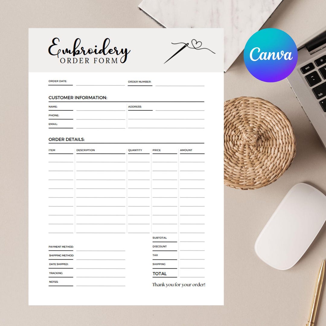 Instant Download Embroidery Order Form Editable Customisable Ready to ...